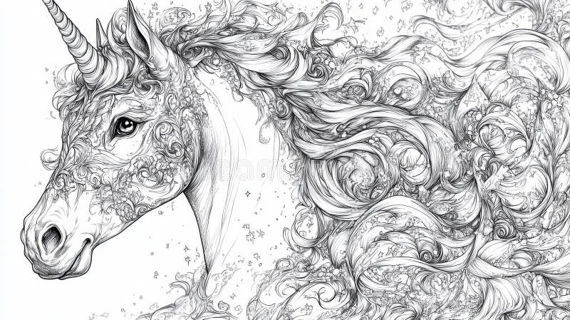 Detailed Ink Drawing of a Unicorn Head Stock Illustration ...