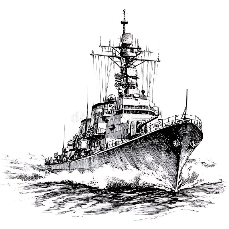 Detailed Ink Drawing of a Warship at Sea Stock Illustration ...