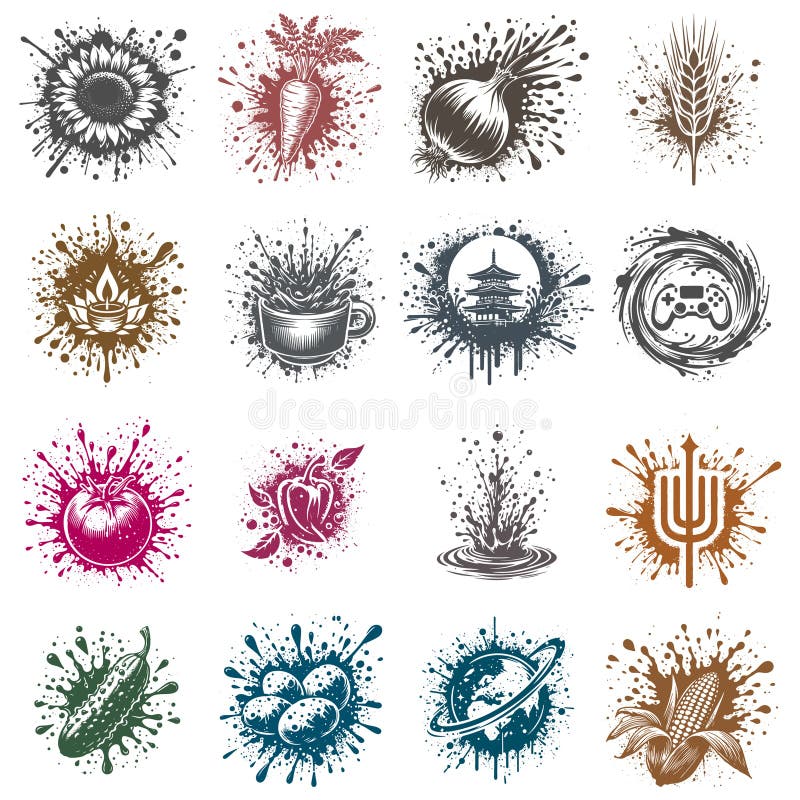 Detailed Ink Splatter Illustrations of Various Objects and Symbols ...