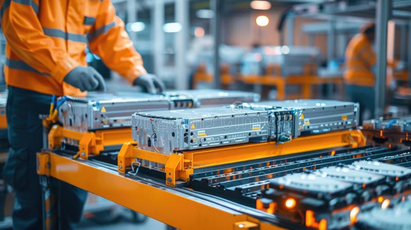 Detailed Inspection of EV Battery Modules by an Engineer on a Workbench ...