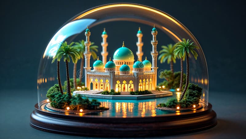 Intricate Miniature Mosque Model with Turquoise Domes in Glass Dome ...