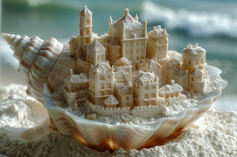 Miniature Sandcastle Village in Seashell a Whimsical Scene of a Tiny ...