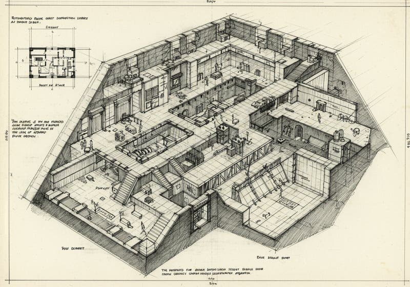 A Detailed Isometric Architectural Drawing of an Underground Facility ...