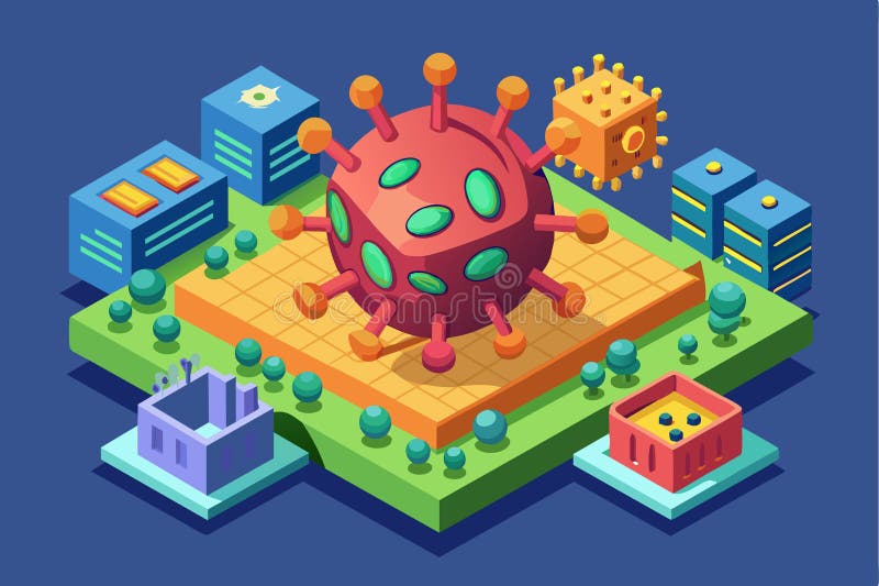 A Detailed Isometric Depiction of a Virus Surrounded by Buildings and ...