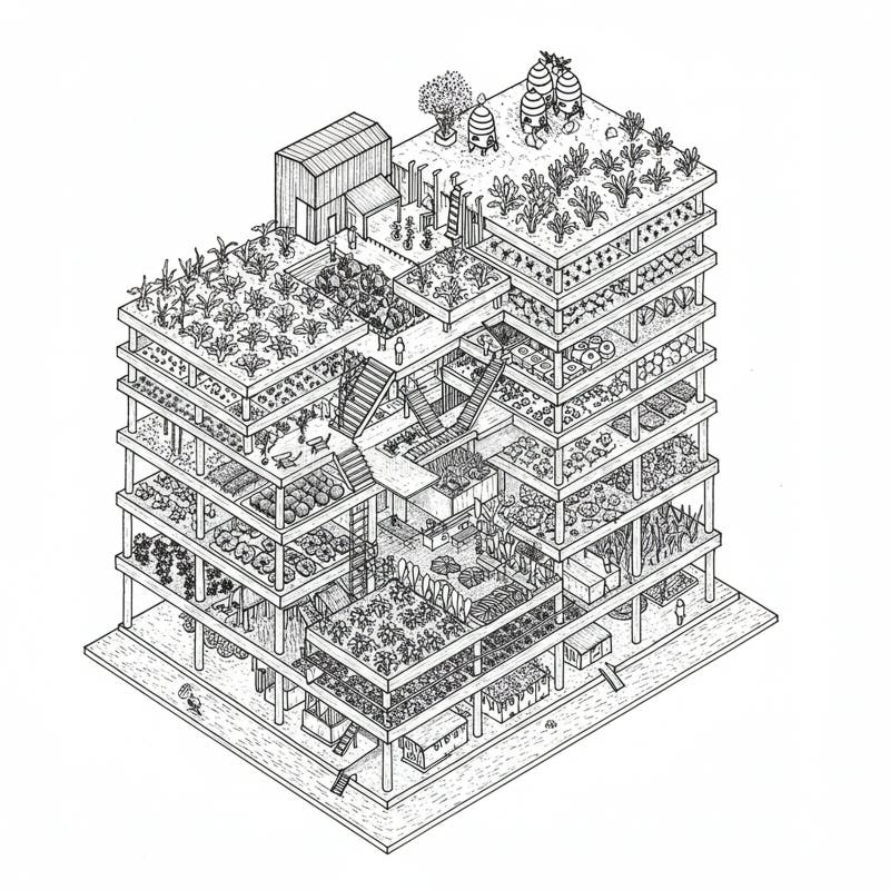A Detailed Isometric Drawing of a Multi-level Urban Farm. the Structure ...
