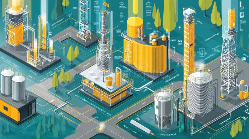 Detailed Isometric Illustration of Refinery Infrastructure Showing ...