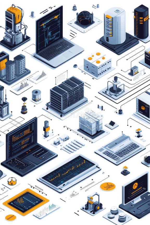 Isometric Digital Technology Overview with Devices and Data Management Systems Stock Image ...
