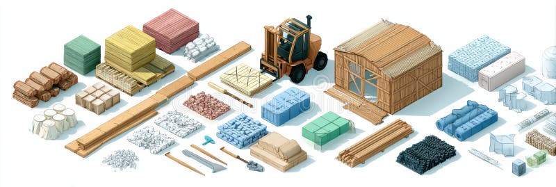 Construction Materials Layout with Isometric Design and Open Space for ...