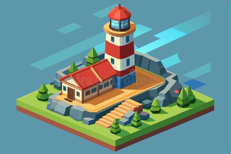 A Detailed Isometric Lighthouse Design Featuring Red and White Stripes ...
