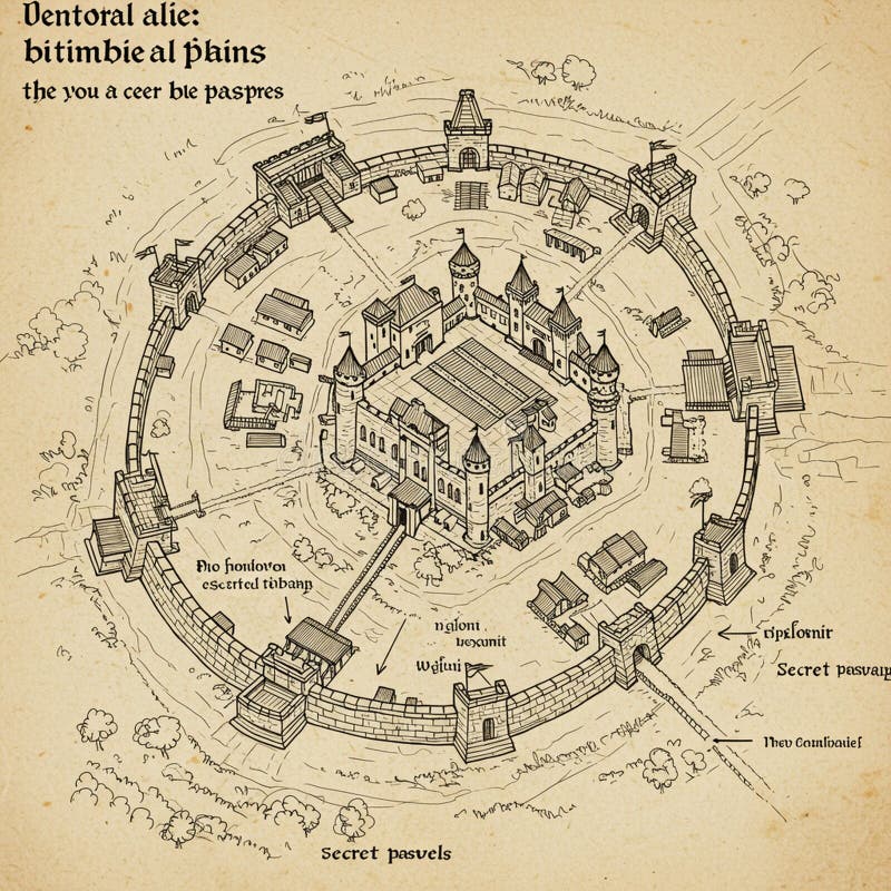 A Detailed Isometric Map of a Medieval Castle Surrounded by a Circular ...