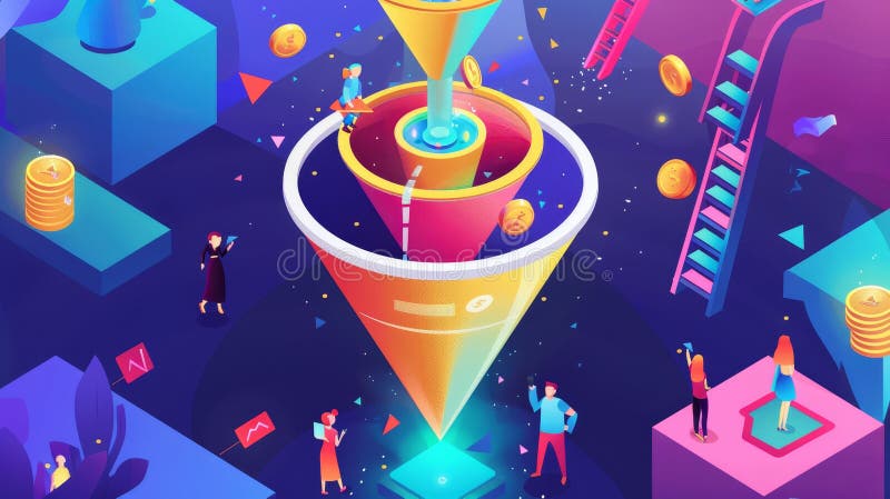Detailed Isometric Modern Illustration of a Marketing Funnel with Data ...