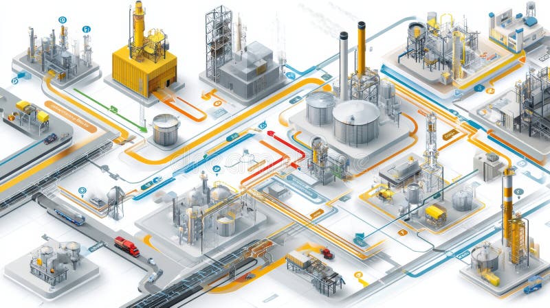 Detailed Isometric Refinery Layout Showcasing Animated Workflow Arrows ...