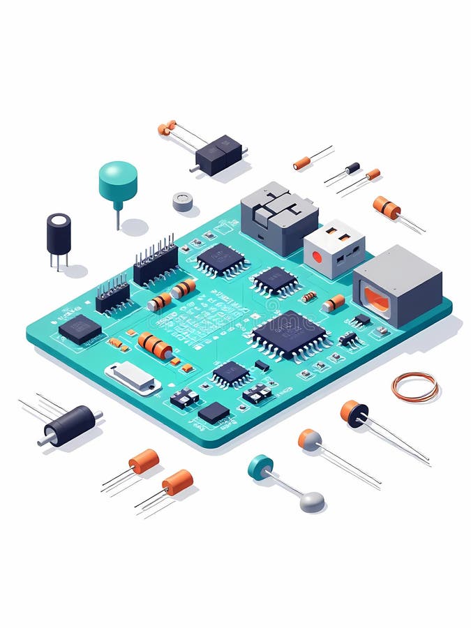 Detailed Isometric View of a Circuit Board with Diverse Electronic ...