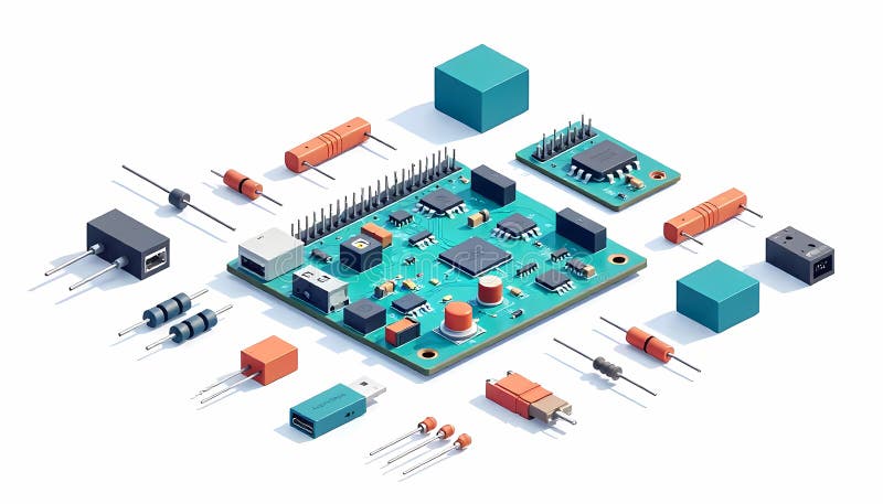 A Detailed Isometric View of a Printed Circuit Board Surrounded by ...