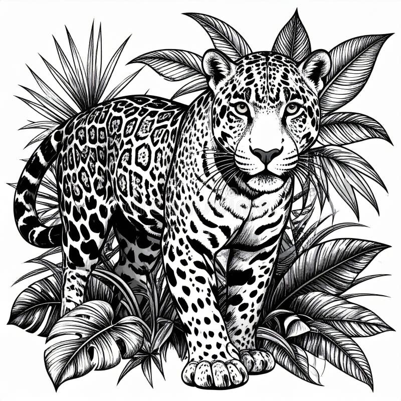 Detailed Jaguar Portrait with Tropical Leaves and Black and White ...