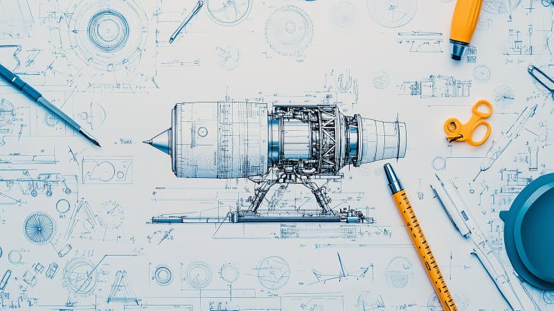 Detailed Jet Engine Blueprint with Engineering Tools Stock Illustration ...