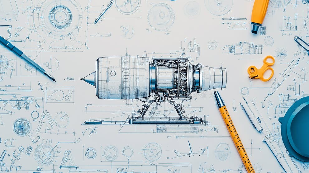 Detailed Jet Engine Blueprint with Engineering Tools Stock Illustration ...