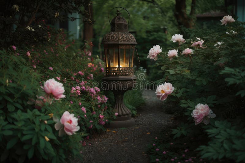 Detailed Lantern Surrounded by Blooming Peonies on Garden Path Stock ...