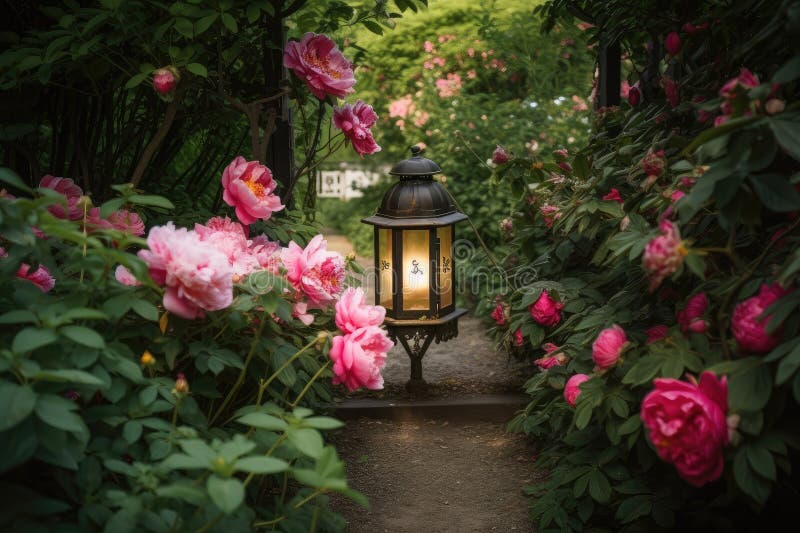 Detailed Lantern Surrounded by Blooming Peonies on Garden Path Stock ...