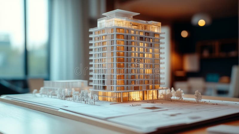 Close-up View of Architectural Blueprints and a Modern Building Scale ...