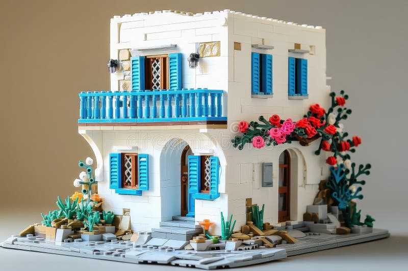 A Detailed LEGO Model of a Charming House with Blue Shutters and Floral ...