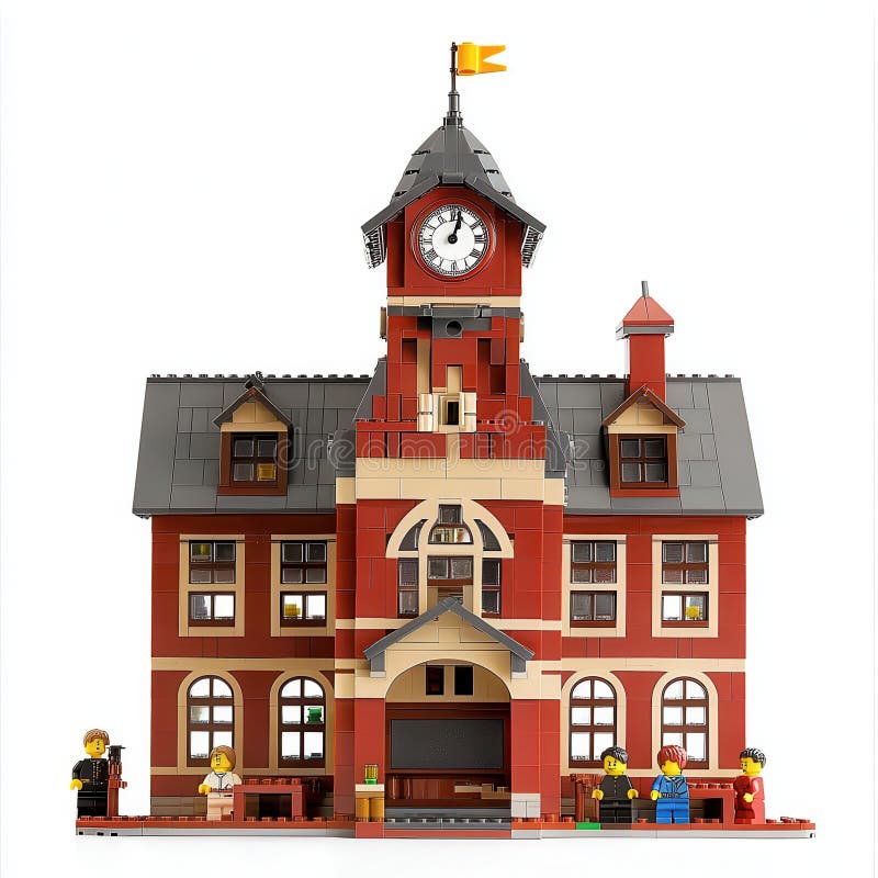 A Detailed LEGO Model of a Red Clock Tower Building with Minifigures ...