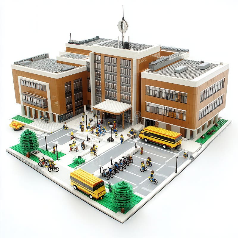 A Detailed LEGO Model of a School Building with Students, Buses, and ...