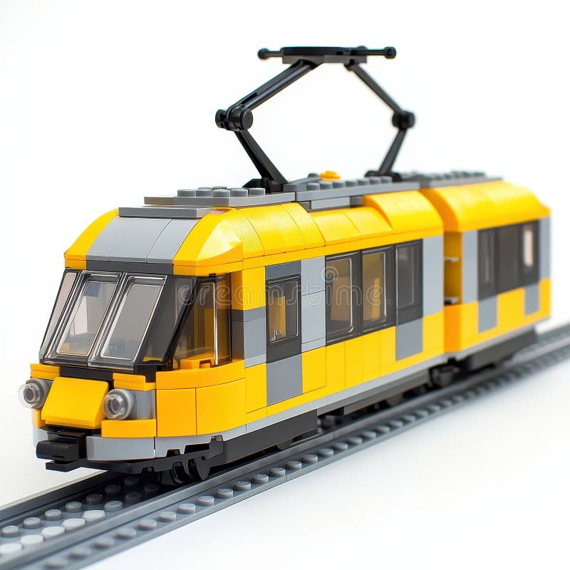 A Detailed LEGO Model of a Yellow and Gray Tram on Tracks Stock ...