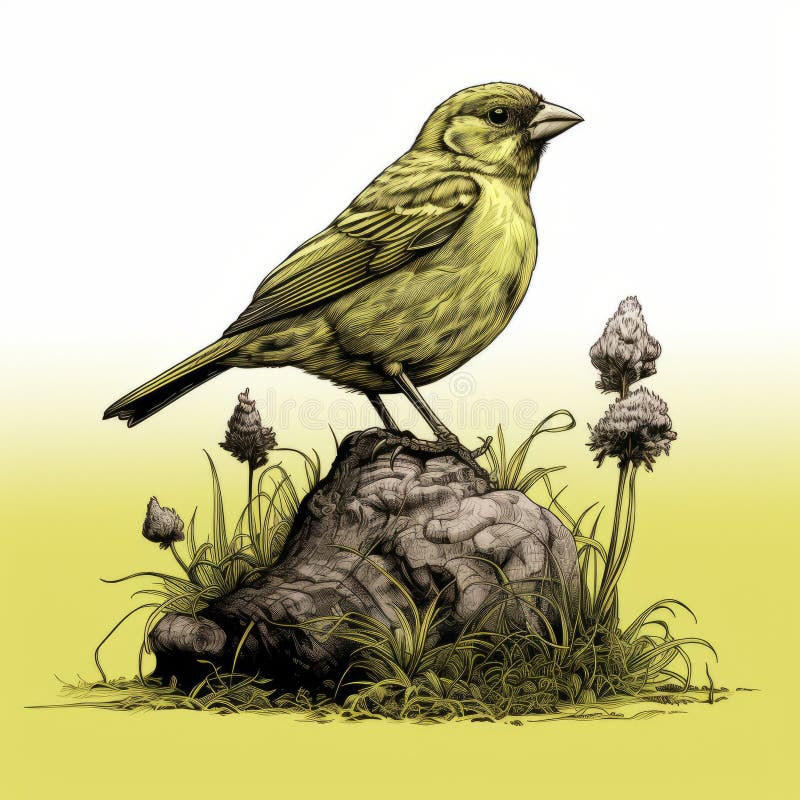 Detailed Line Art of a Canary Perched on Moss Stock Illustration ...