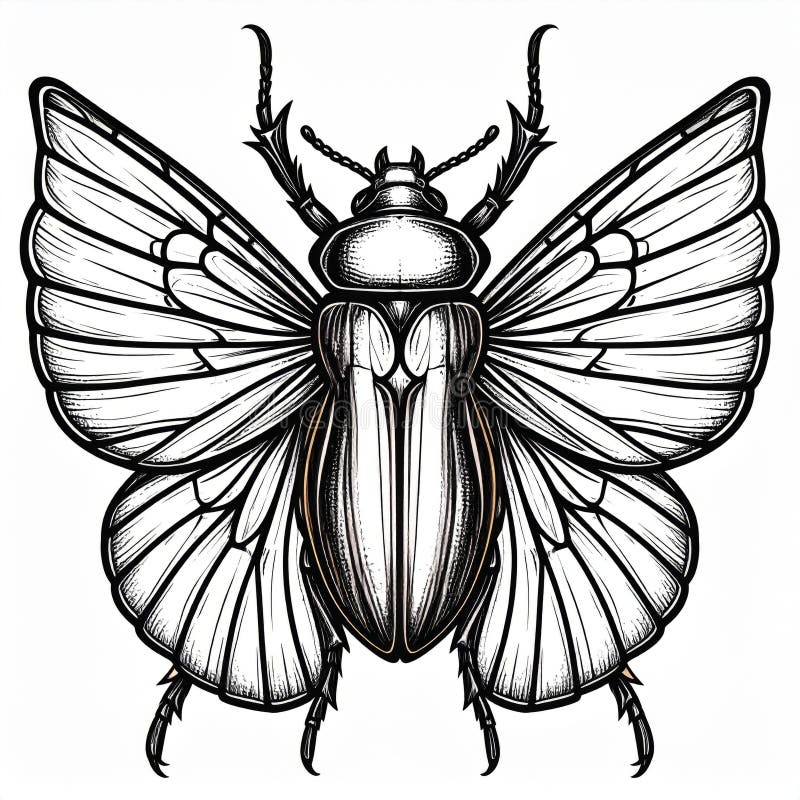Detailed Line Art Drawing of a Beetle with Spread Wings Stock ...
