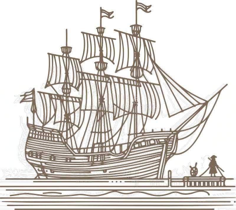 Detailed Line Art Drawing of a Historical Sailing Ship at Dock Stock ...