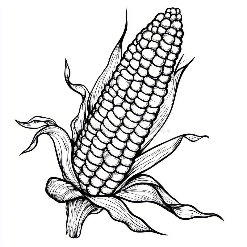 Detailed Line Art Illustration of a Corn Cob with Husk. Stock ...