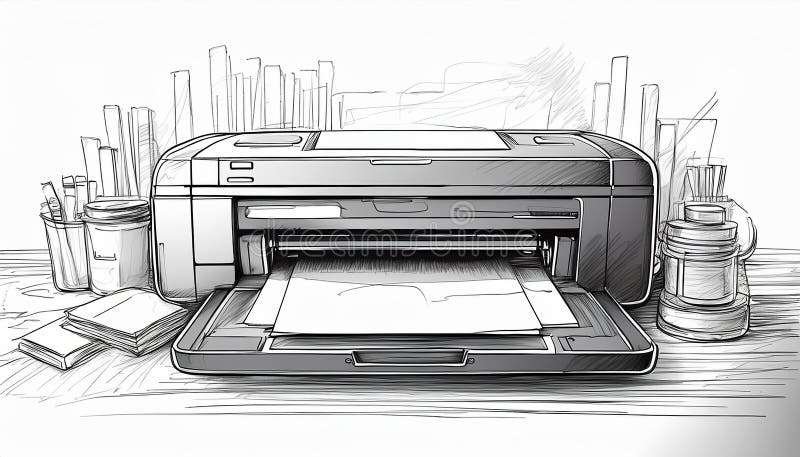 Line Art Representation of a Modern Printer with Accessories on a Desk ...