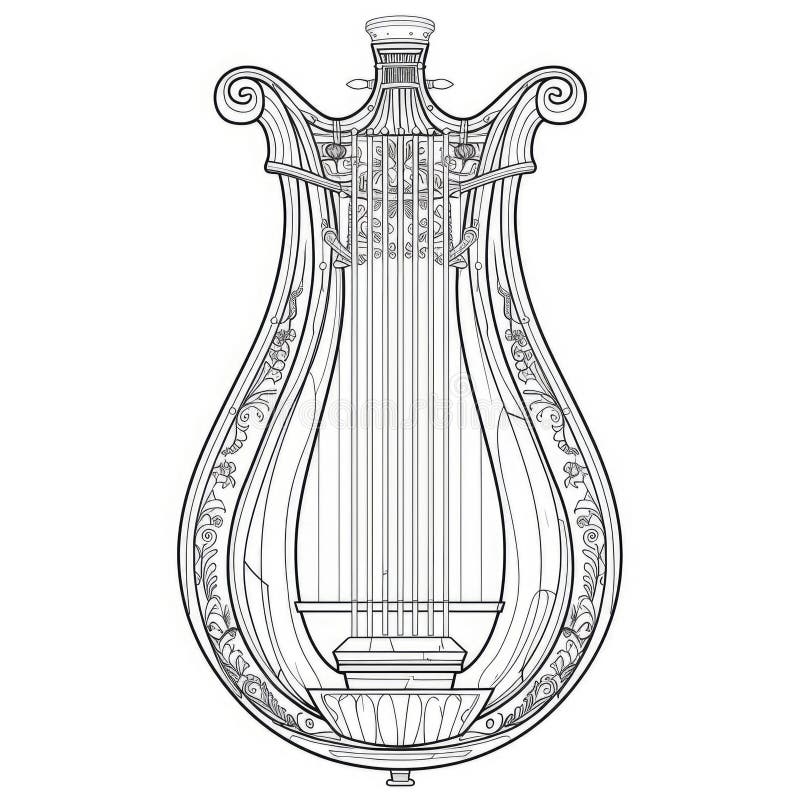 Ornate Antique Lyre Musical Instrument Design, Detailed Line Art Stock ...