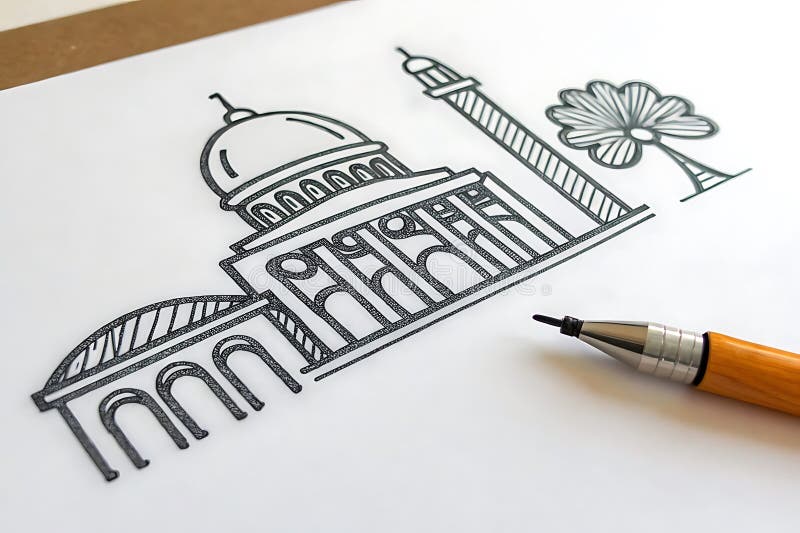 Line Drawing Architectural Sketch with Pen and Abstract Element Stock ...
