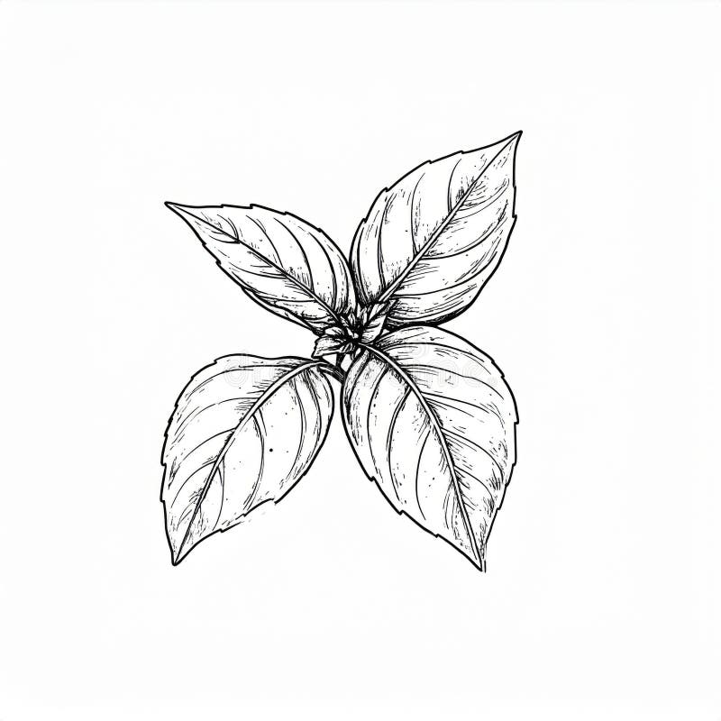 Detailed Line Drawing of Basil Leaves on White Stock Illustration ...