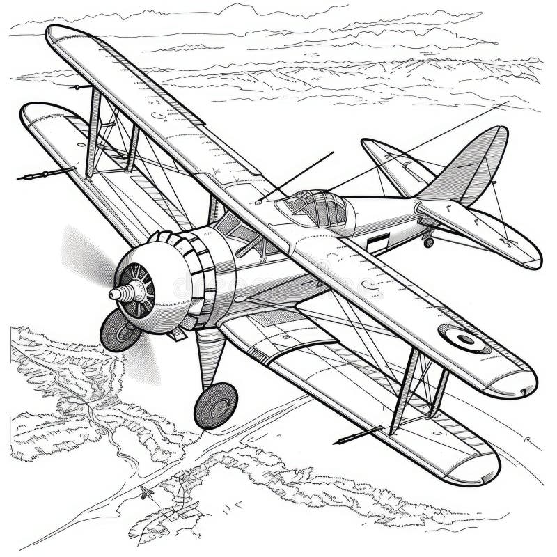 Vintage Biplane Flying Over Landscape: Detailed Ink Drawing Stock ...