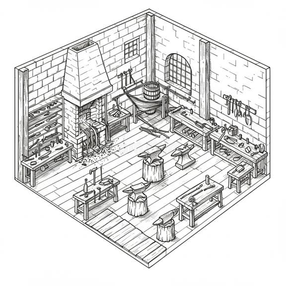 A Detailed Line Drawing of a Blacksmith S Workshop. Features Include a ...