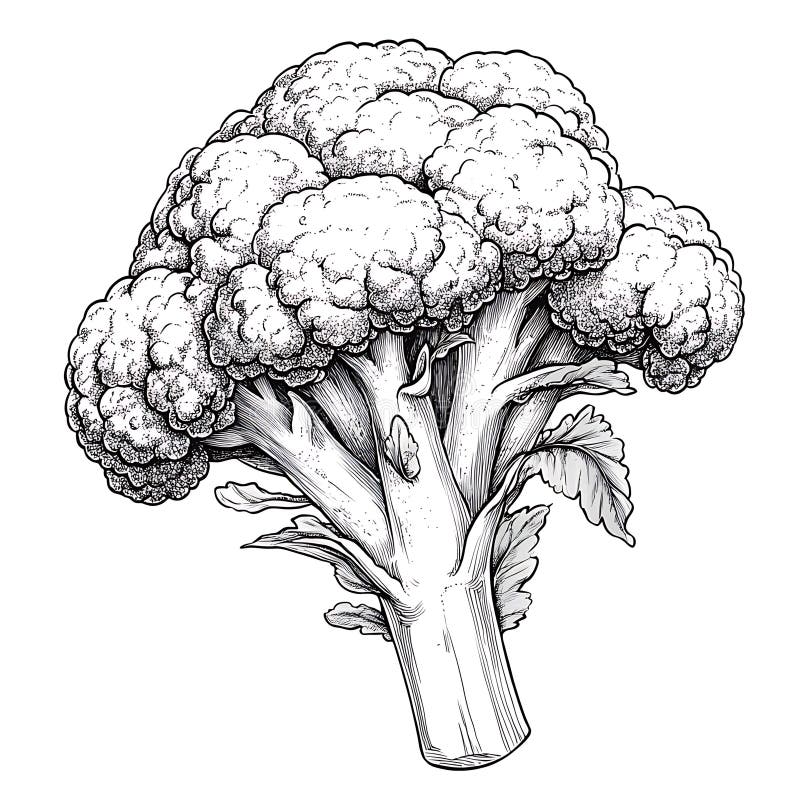 Detailed Line Drawing of a Broccoli Head Ink Sketch Stock Illustration ...