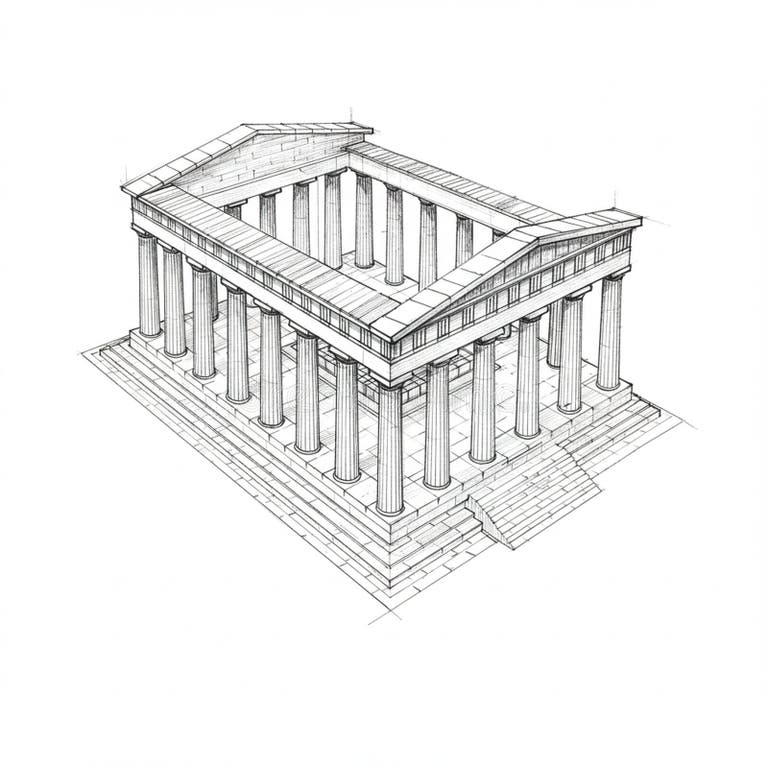 A Detailed Line Drawing of a Classical Greek Temple Featuring a ...