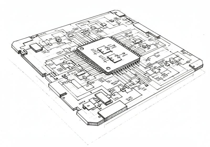 A Detailed Line Drawing Depicts a Computer Chip with Integrated ...