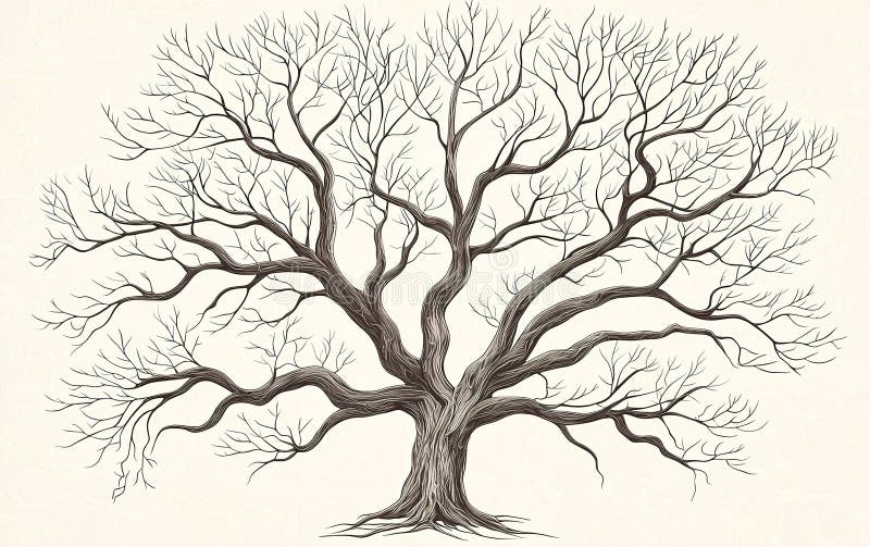 A Detailed Line Drawing of a Large, Leafless Tree with Intricate ...
