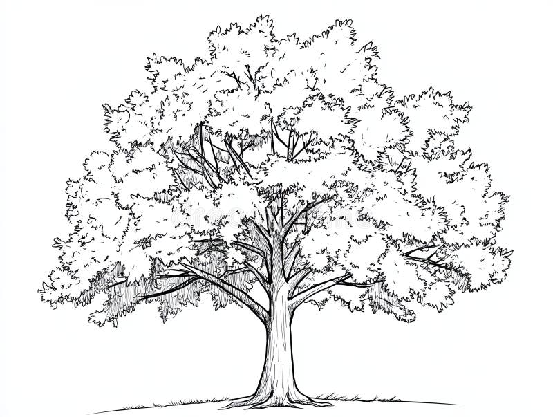 A Detailed Line Drawing of a Large Tree with a Thick Trunk and Branches ...