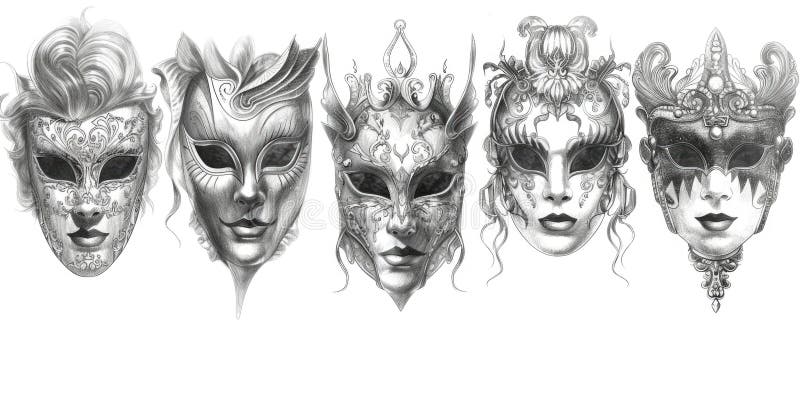 Detailed Line Drawing of Multiple Masks, Ideal for Art Projects Stock ...
