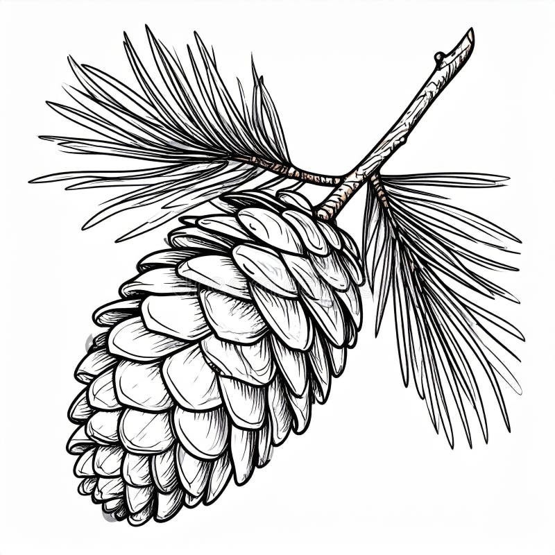 Detailed Line Drawing of a Pine Cone and Branch Stock Illustration ...