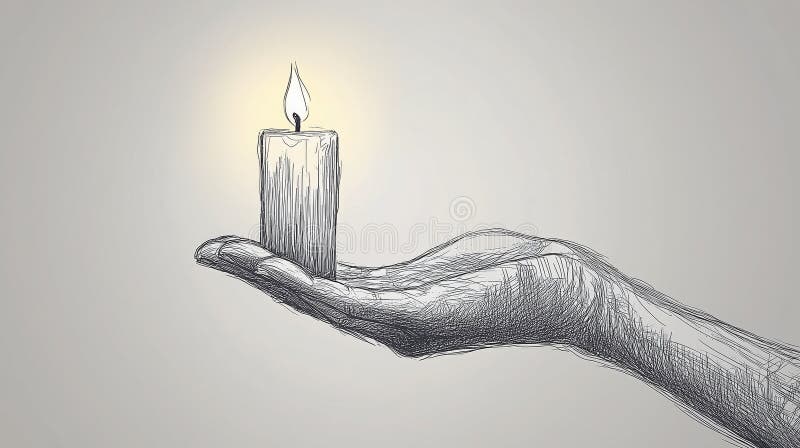 A Detailed Line Drawing Shows a Hand Cradling a Lit Candle, Casting ...