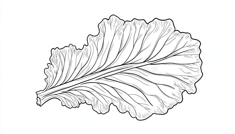 A Detailed Line Drawing of a Single Leaf of Lettuce with the Central ...