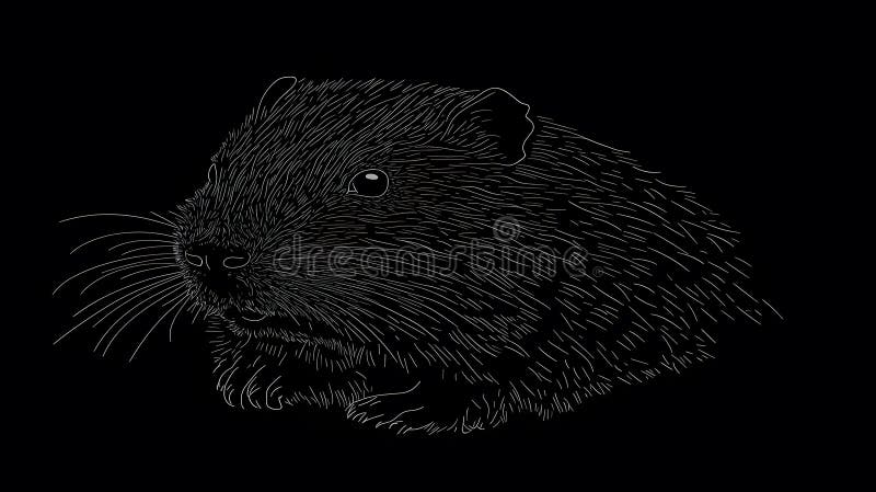 Detailed Line Drawing of a Small Rodent on Black Background Stock ...