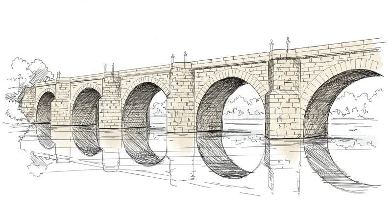 A Detailed Line Drawing of a Stone Arch Bridge with Five Arches ...