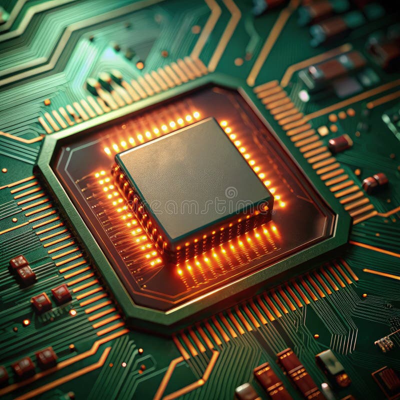 Close Examination of a Chip on a Standard Circuit Board with Vibrant ...